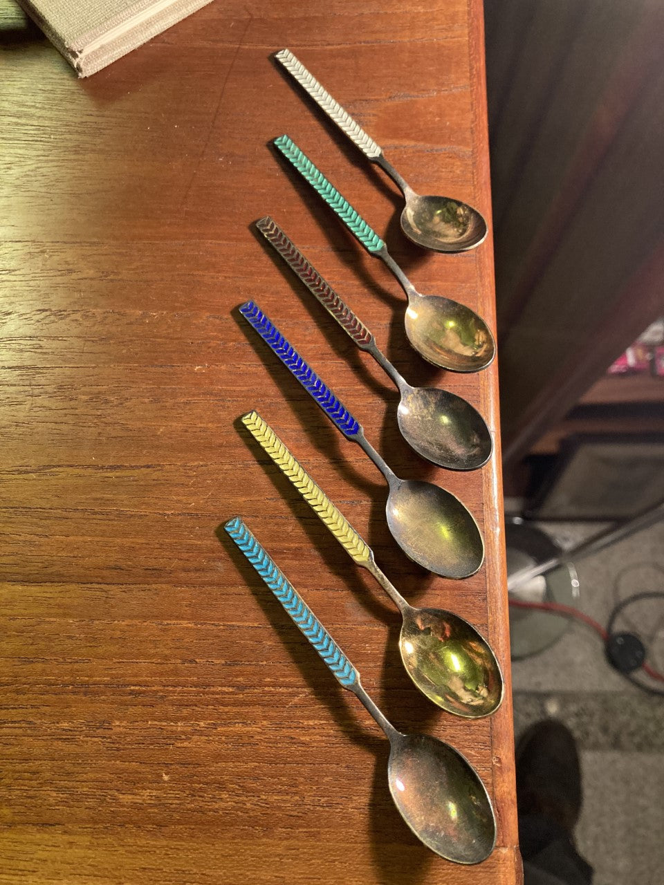 Beautiful gilded teaspoons in Sterling silver and enamel, sold togethe ...